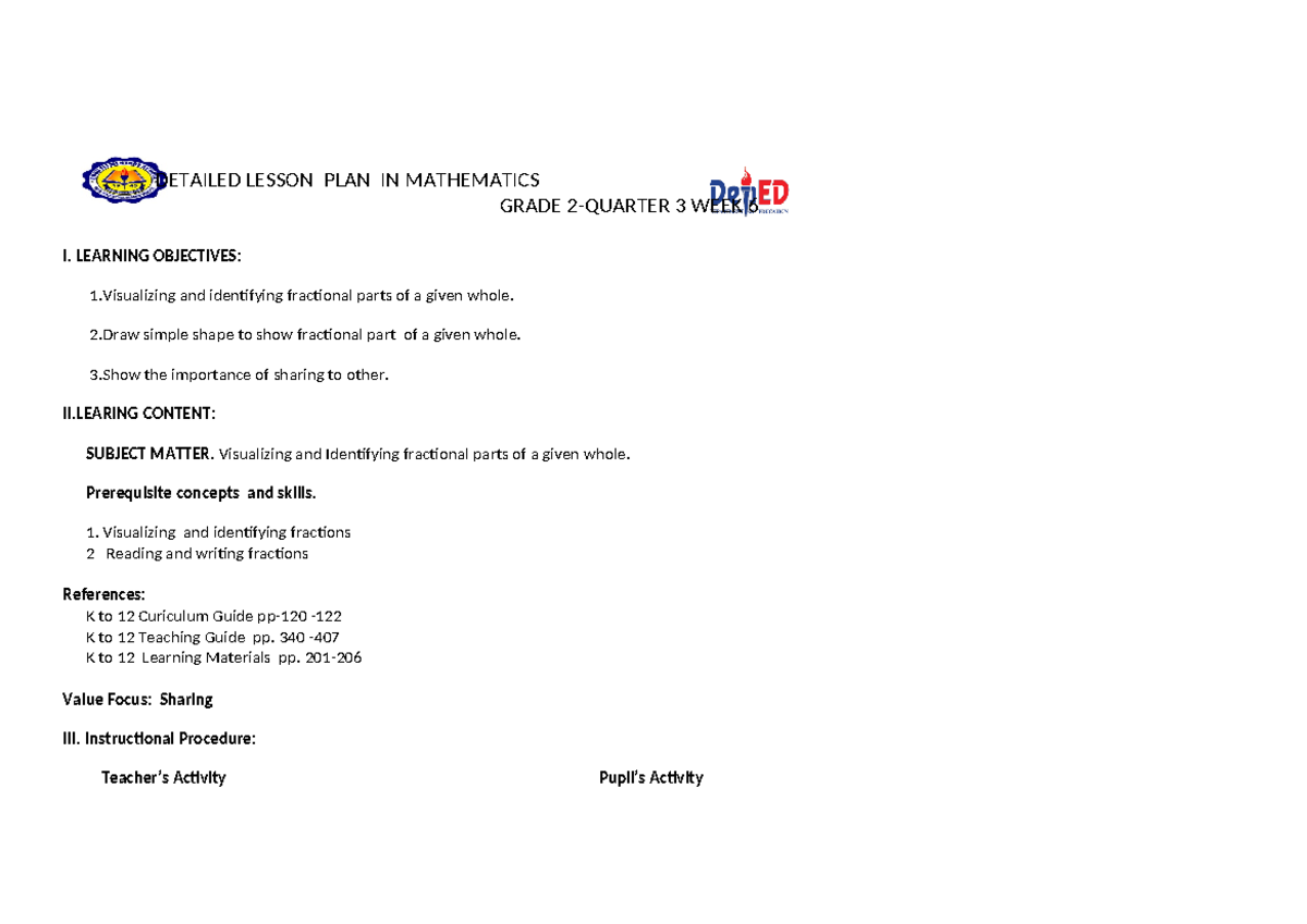 GRADE 2 MATH LESSON PLAN: VISUALIZING FRACTIONS - Q3W6 - Studocu