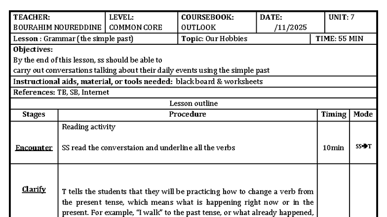 ECRIF - Lesson on Simple Past Tense: Our Hobbies - Studocu