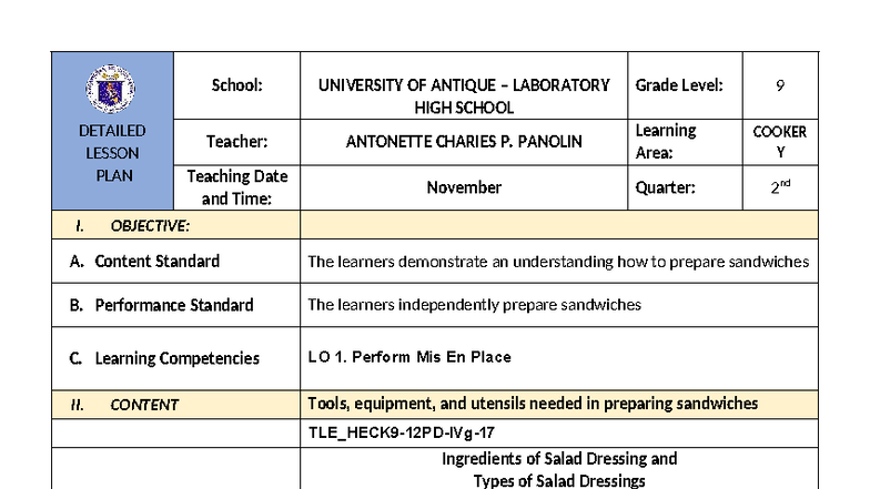 Lesson Plan: Tools for Making Sandwiches (TLE 9) - Studocu