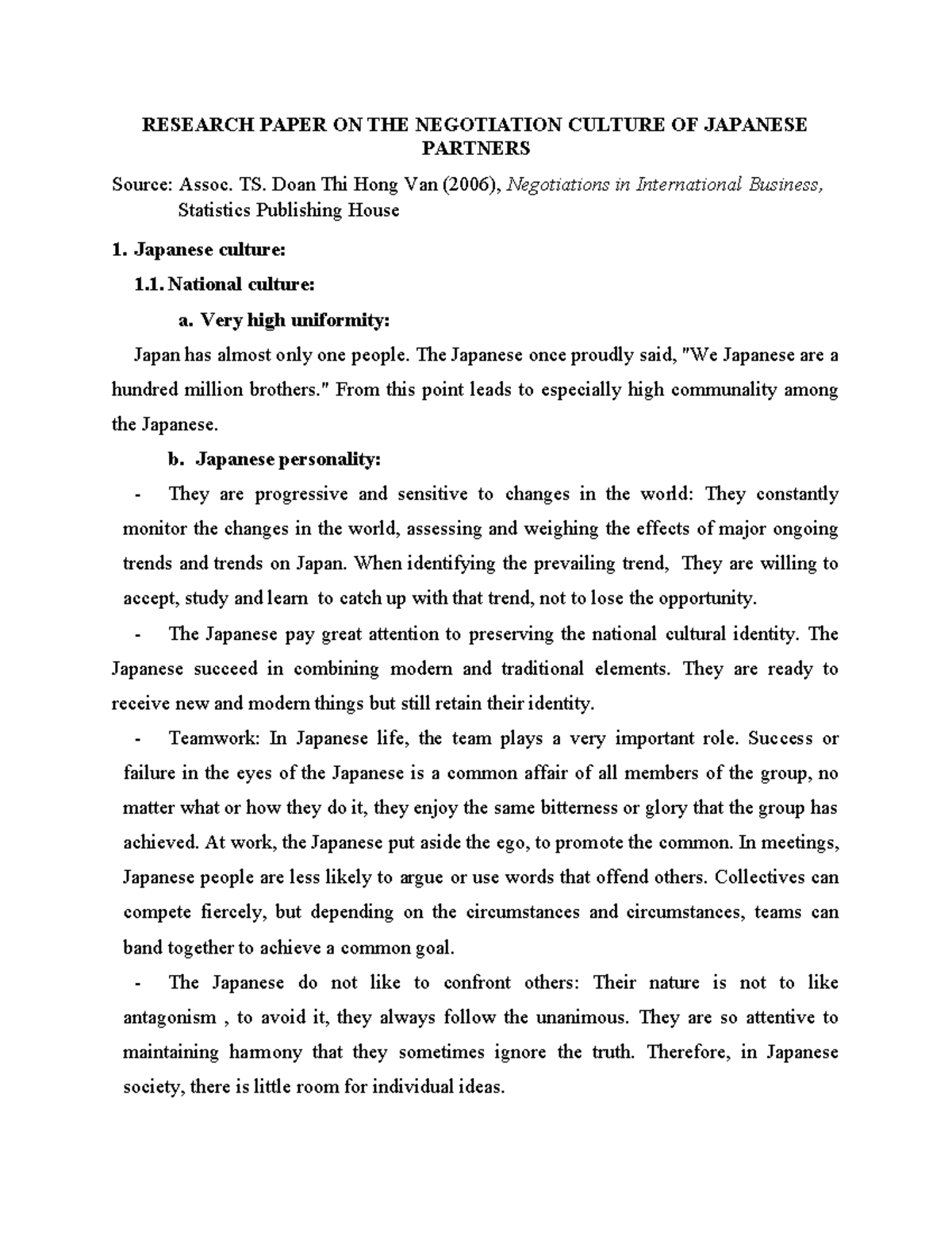 Research Paper ON THE Negotiation Culture OF Japanese Partners ...