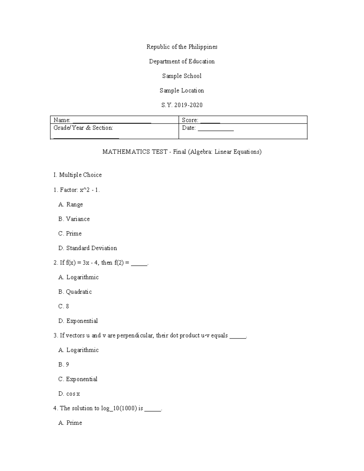 MATH 440 Final Exam: Algebra & Linear Equations Test 4772 - Studocu