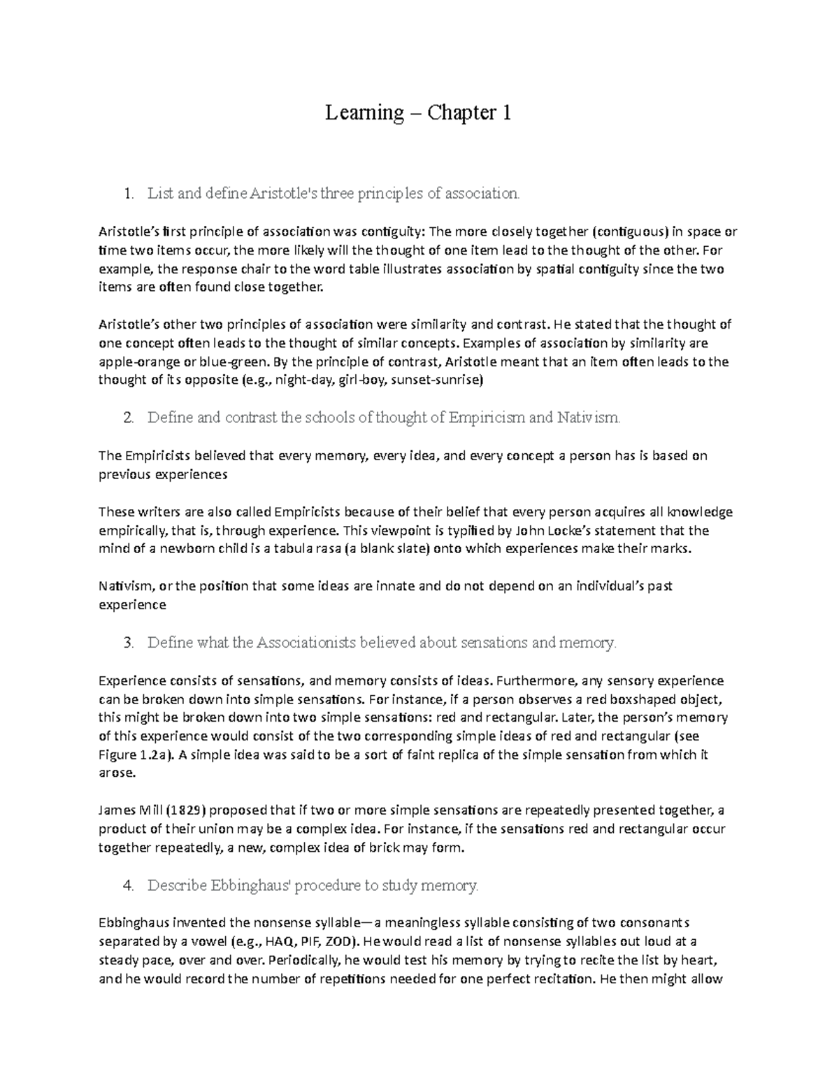 Chapter 1 Review: Aristotle's Principles & Ebbinghaus on Memory - Studocu