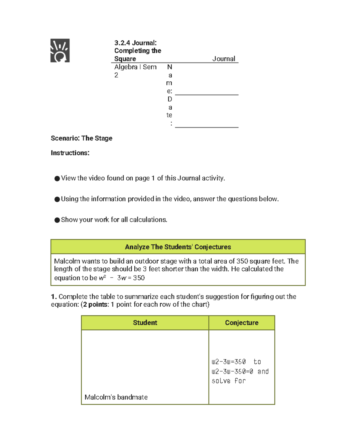 Algebra I Sem 2: Completing the Square Journal (3.2.4) - Studocu