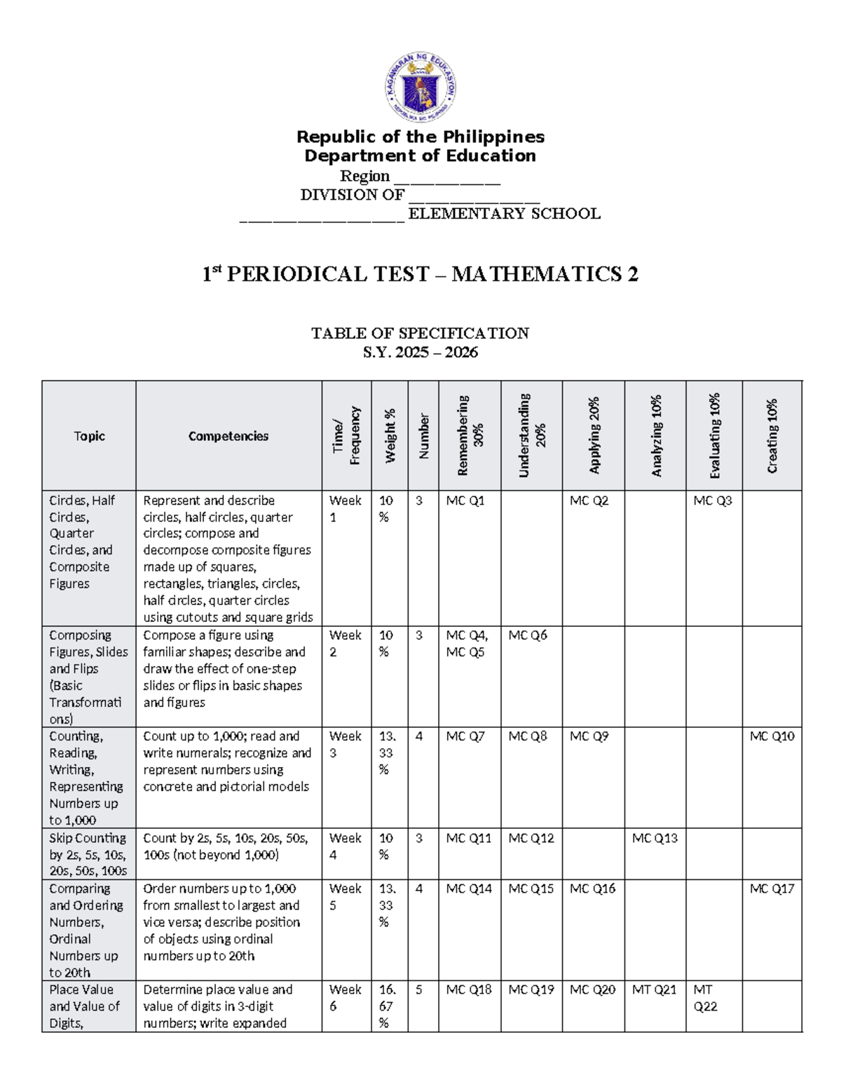 DTC PT MATH 2 1st Periodical Test with TOS Key - Studocu