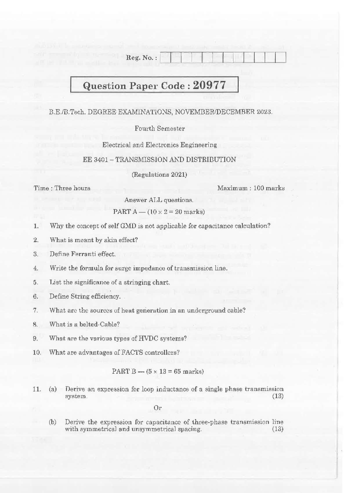 EE 3401 Final Exam: Transmission & Distribution Question Paper 2023 ...