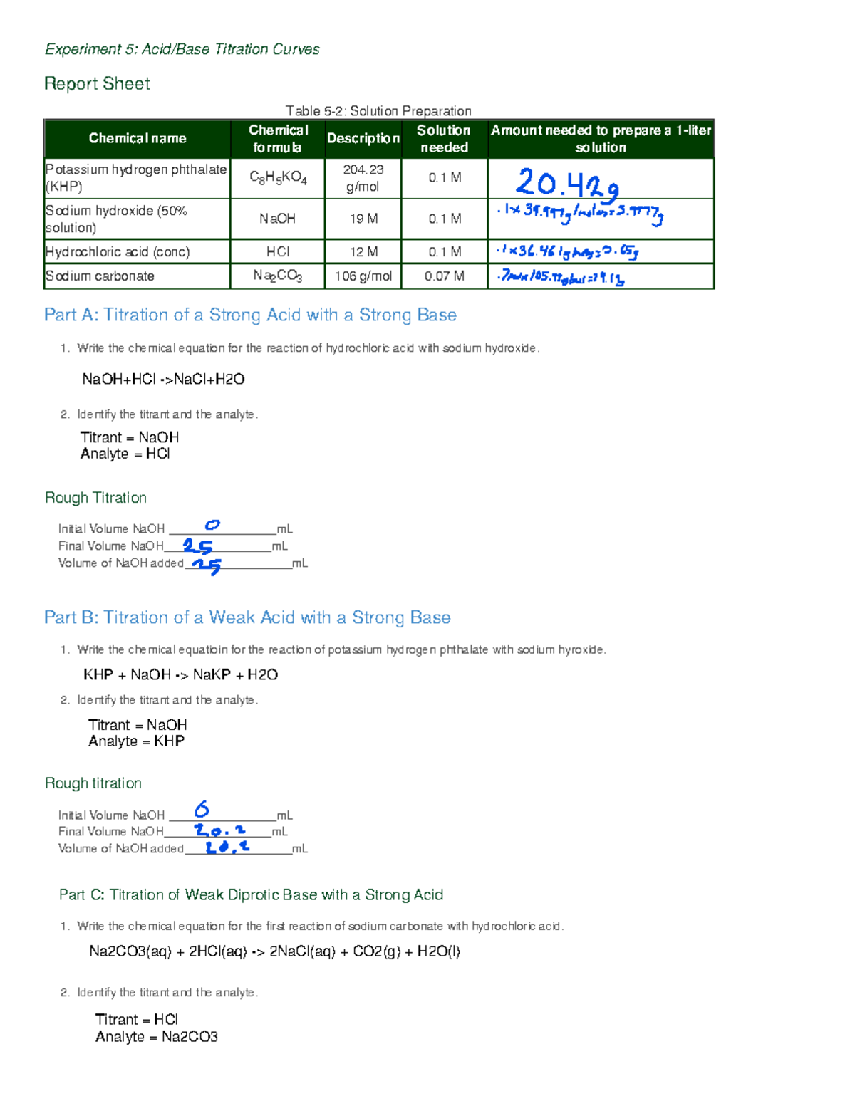 Experiment 5: Acid/Base Titration Curves - Chem 2 Lab Report - Studocu