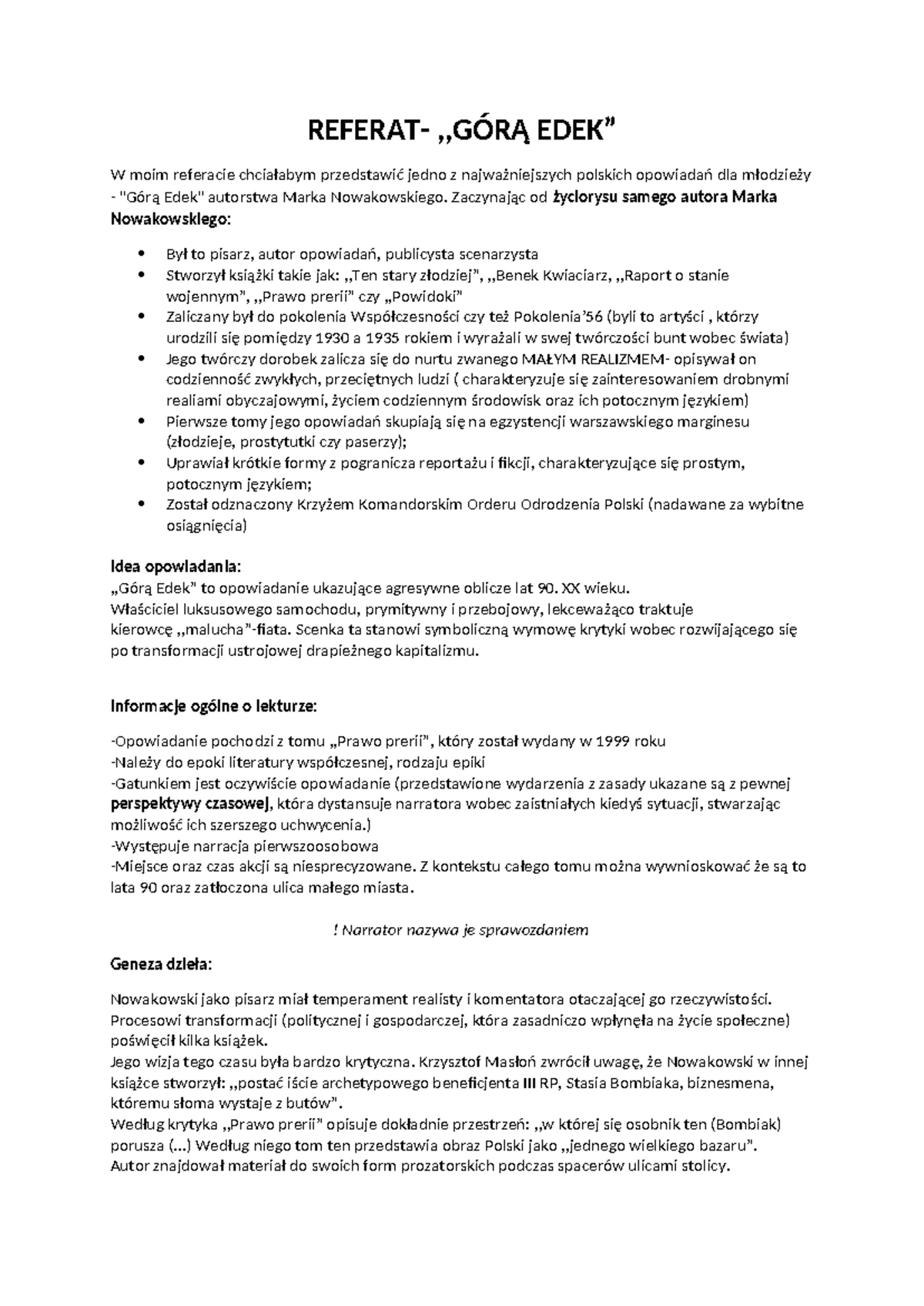 Górą Edek opracowanie lektury - REFERAT- ,,GÓRĄ EDEK” W moim referacie ...