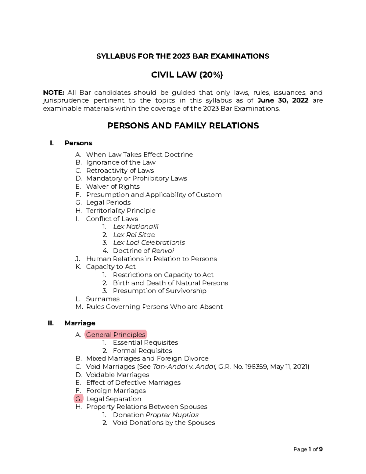 SYLLABUS FOR 2023 BAR EXAM: CIVIL LAW OVERVIEW AND TOPICS - Studocu