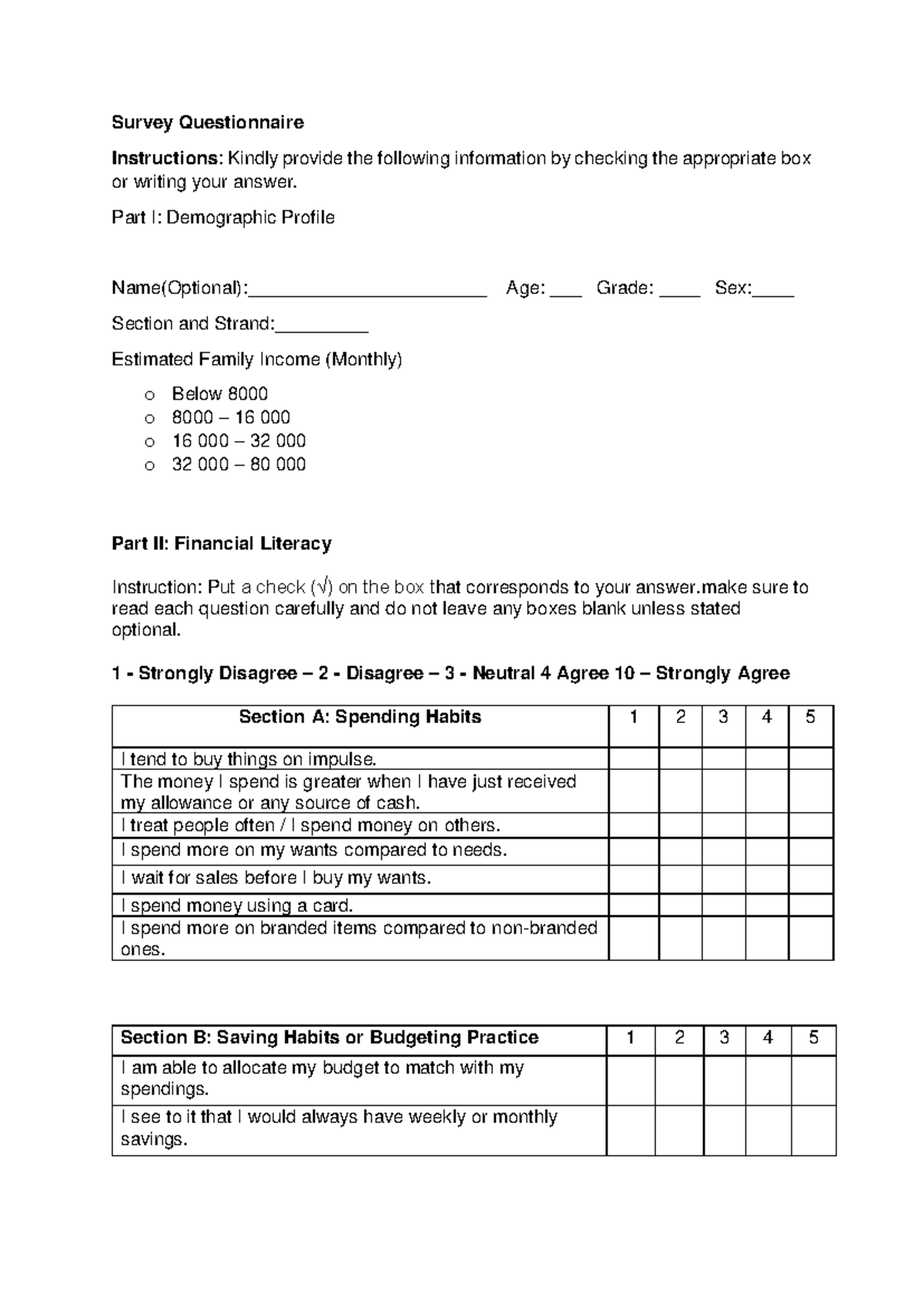 G3 Survey: Financial Literacy Questionnaire Instructions - Studocu