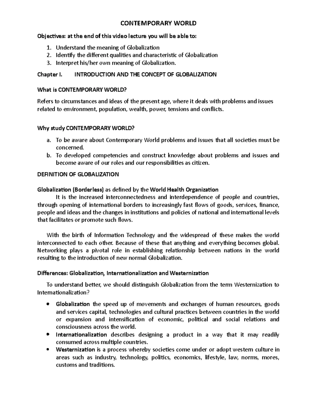 Contemporary World. Lesson 1 - CONTEMPORARY WORLD Objectives: at the ...