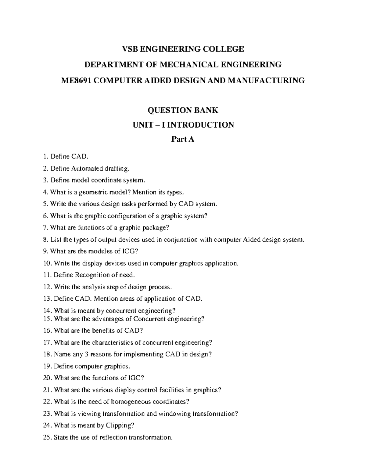 ME8691 CAD & Manufacturing - Comprehensive Question Bank - Studocu