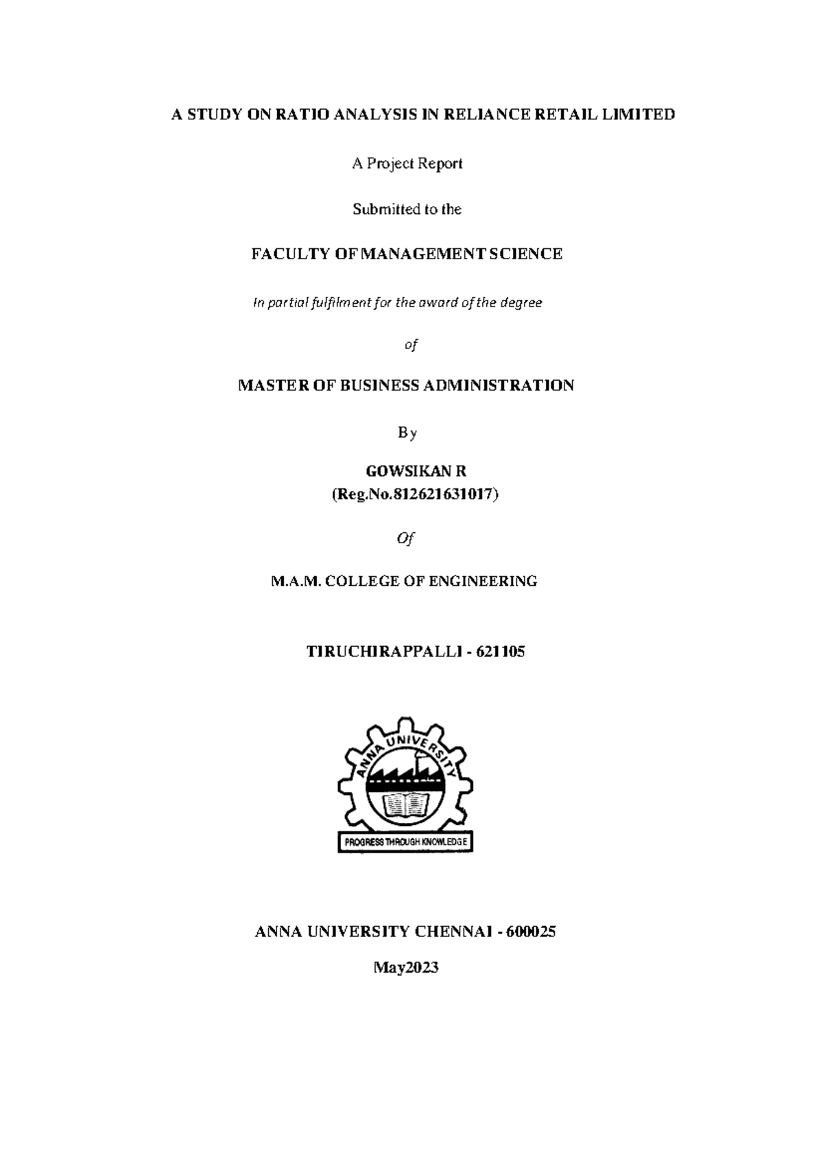 MBA Project Report: Ratio Analysis of Reliance Retail Ltd. - Studocu