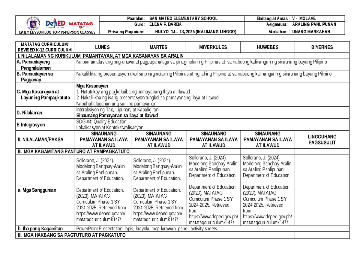 Q1 AP DLL WEEK 5: Araling Panlipunan - Pamayanang Ilaya at Ilawud - Studocu