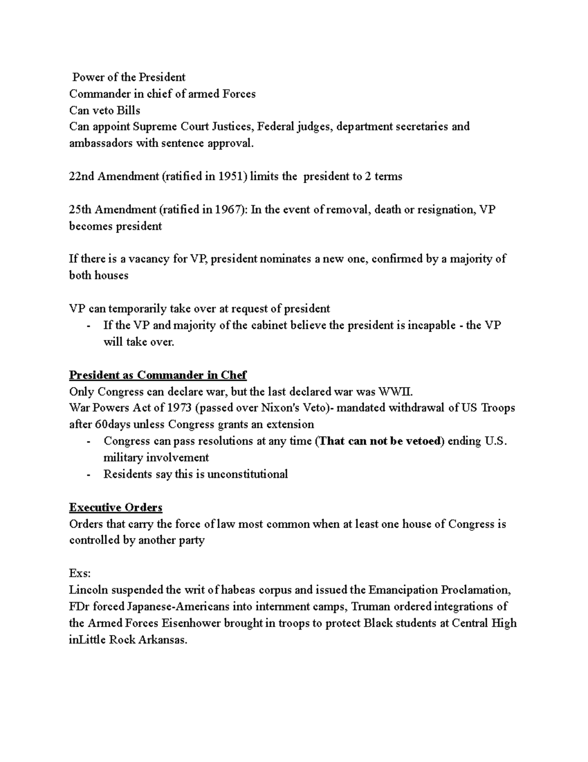 Unit 2 Lecture Notes: Presidential Powers & Roles in Government - Studocu