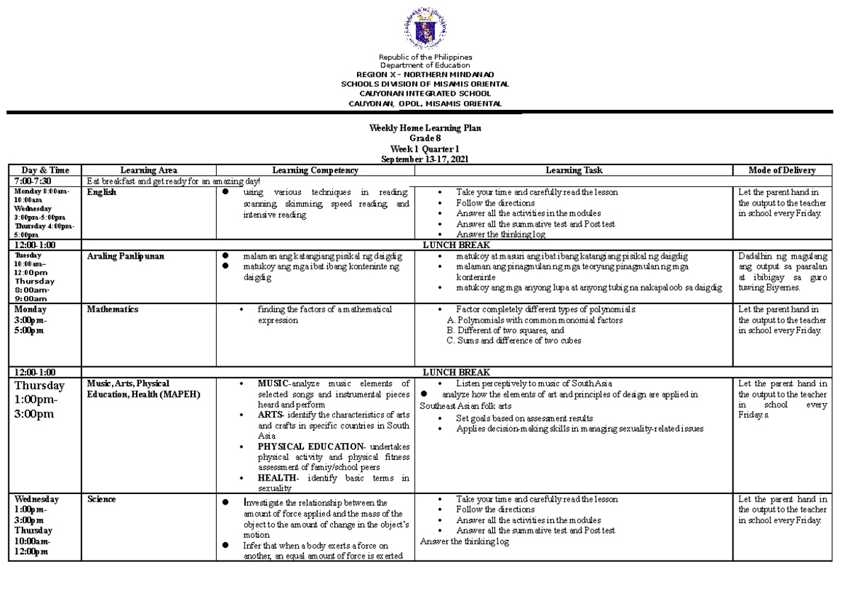 Grade 8 Weekly Learning Plan: Week 1 (Quarter 1) Overview - Studocu