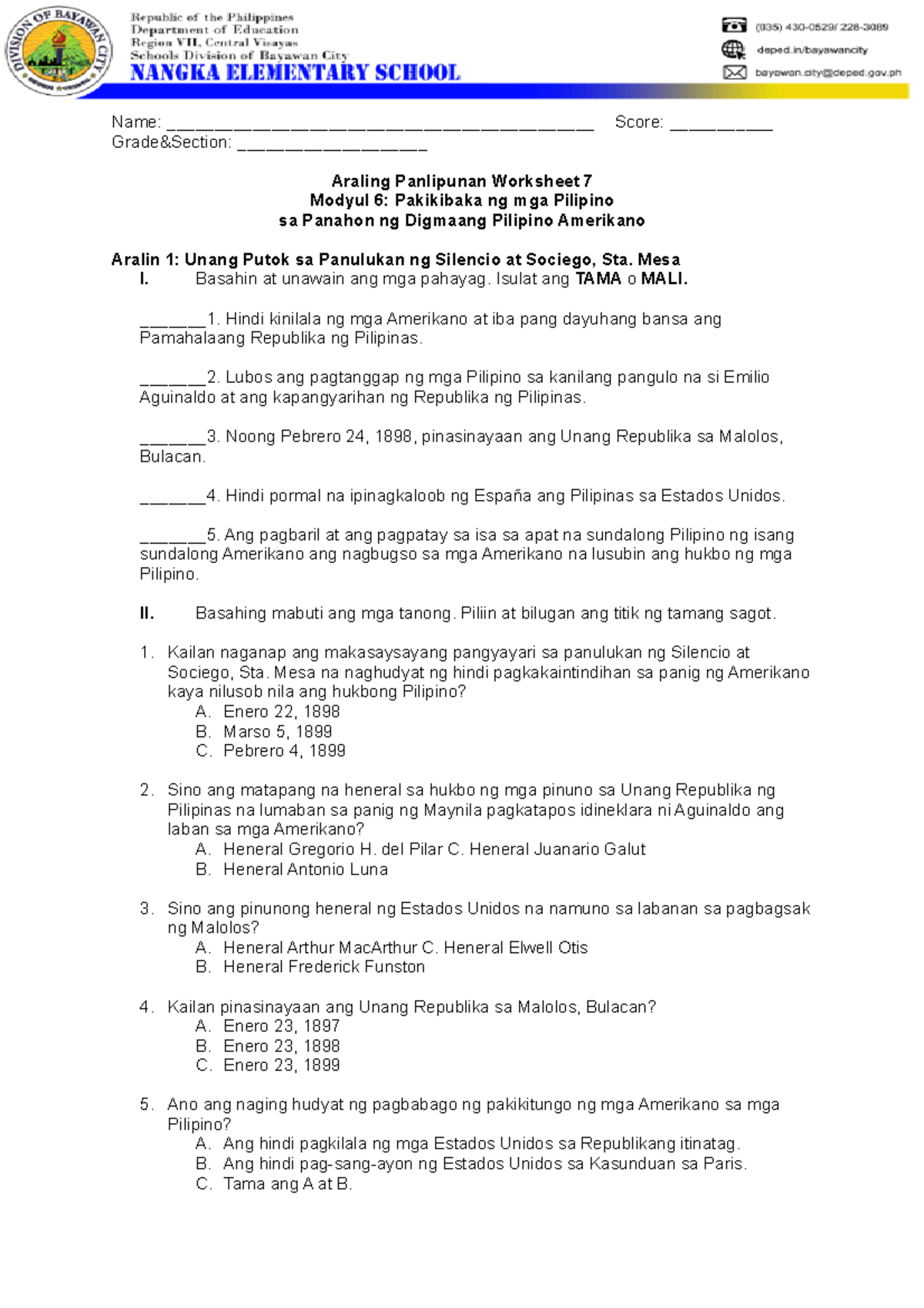 Araling Panlipunan Worksheet 7: Pakikibaka ng mga Pilipino sa Digmaan ...