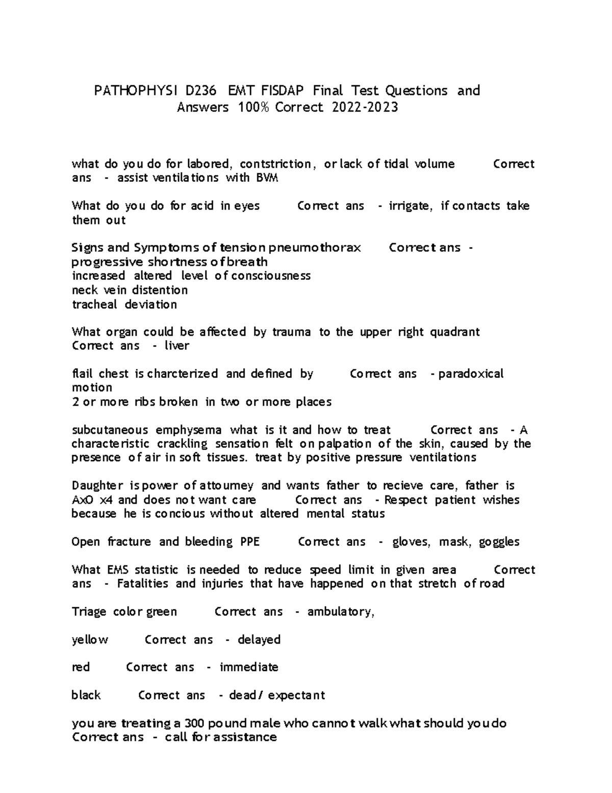 Pathophysi D236 EMT Fisdap Final Exam Q&A – 100% Correct 2022-23 - Studocu