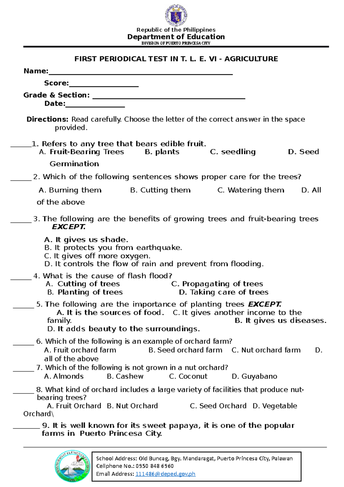 1st Quarter Test TLE 6: Agriculture & Tree Care Concepts - Studocu