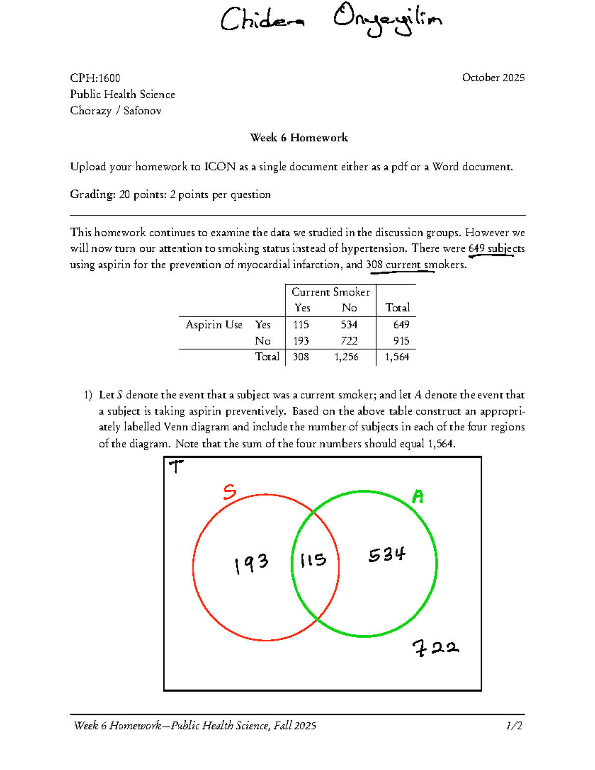 CPH:1600 Week 6 Homework on Smoking Status & Aspirin Use - Studocu