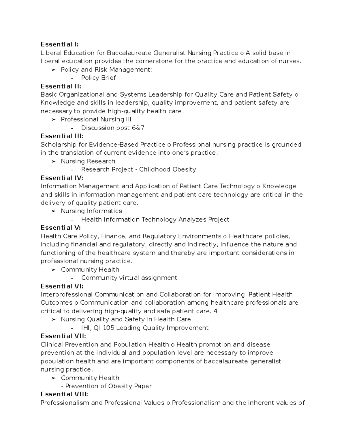 BSN Essential Project: Key Competencies for Nursing Practice - Studocu