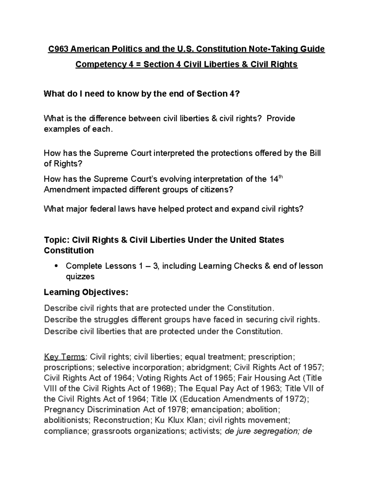 C963 American Politics Note-Taking Guide: Civil Liberties & Rights ...