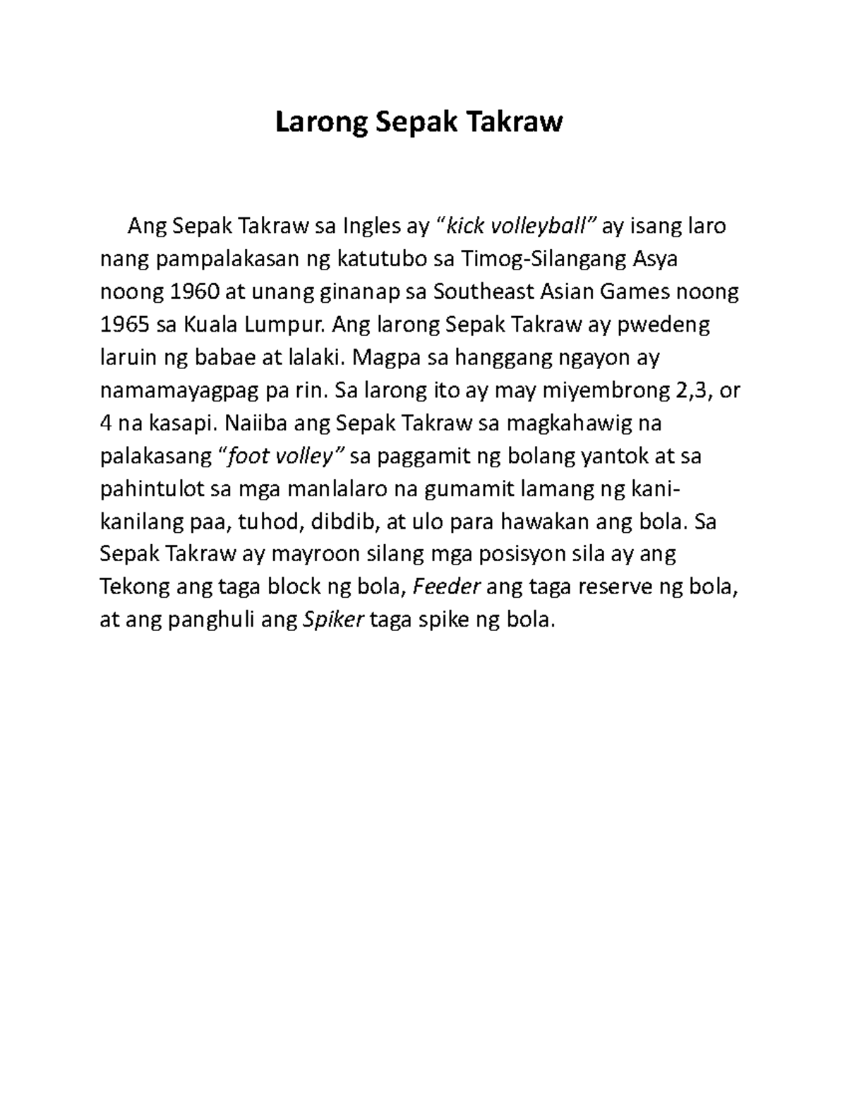 Larong Sepak Takraw: A Closer Look at This Unique Sport Feature - Studocu