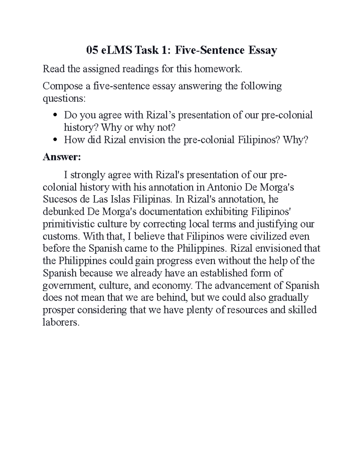 05e eLMS Task 1: Five-Sentence Essay on Rizal's View of History - Studocu