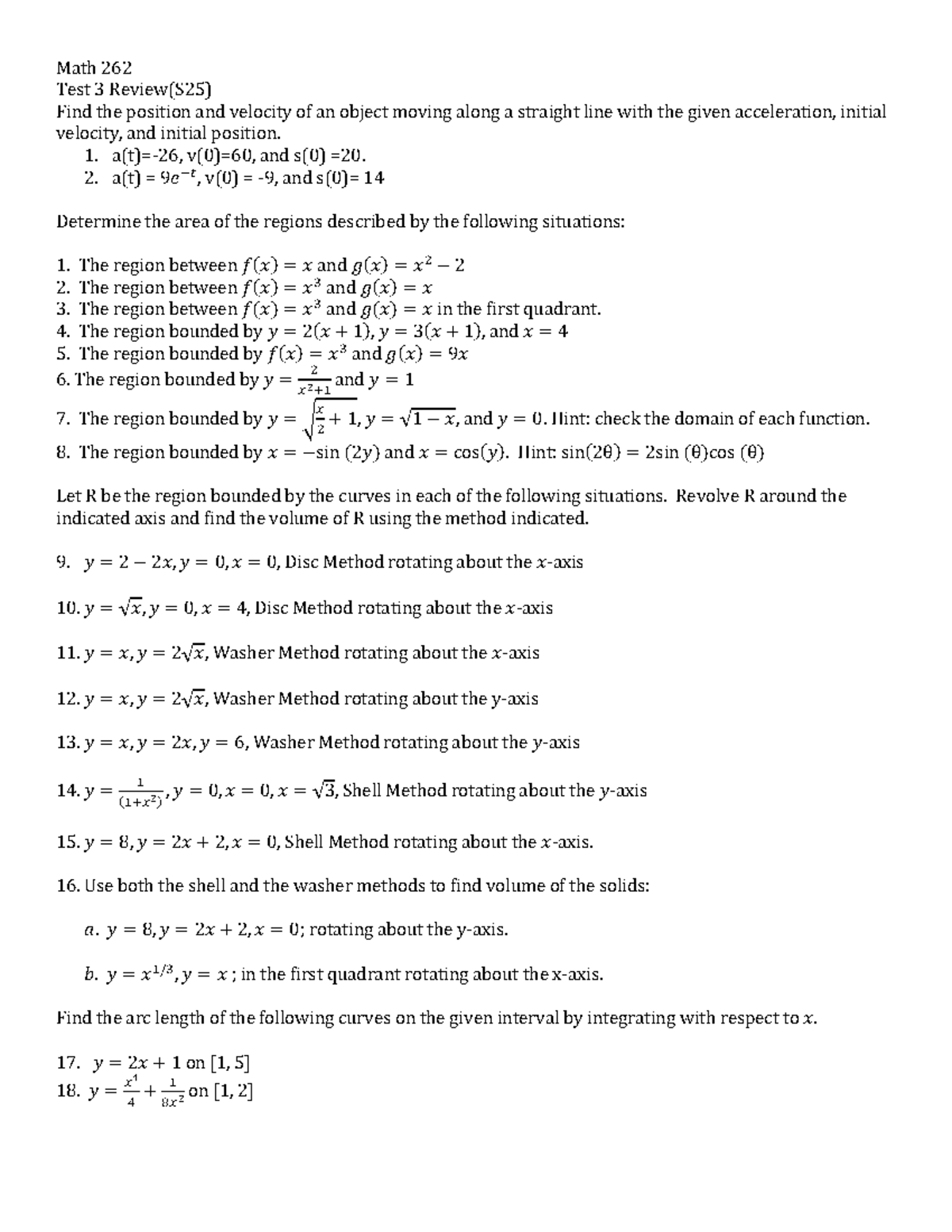 Math 262 Test 3 Review: Position, Velocity, and Area Calculations - Studocu