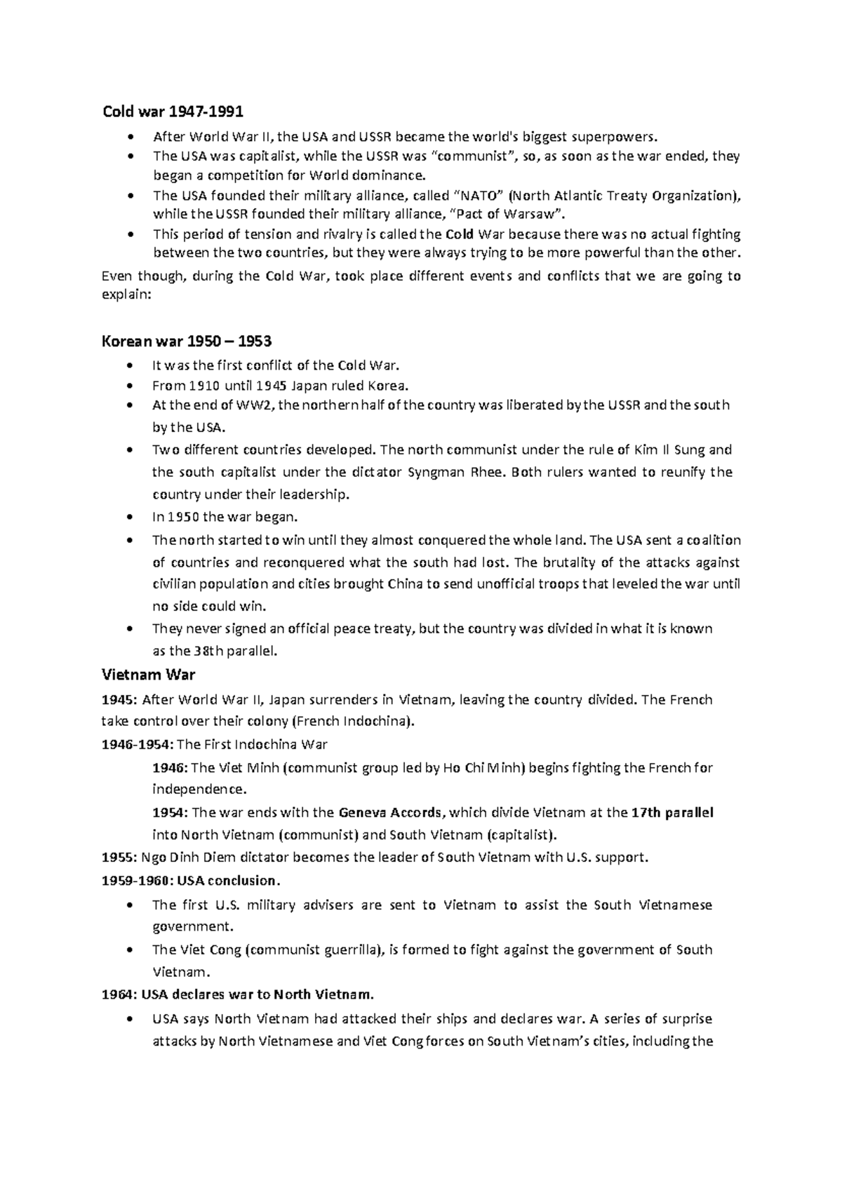 Cold War Overview: Key Conflicts from 1947 to 1991 - Apuntes - Studocu