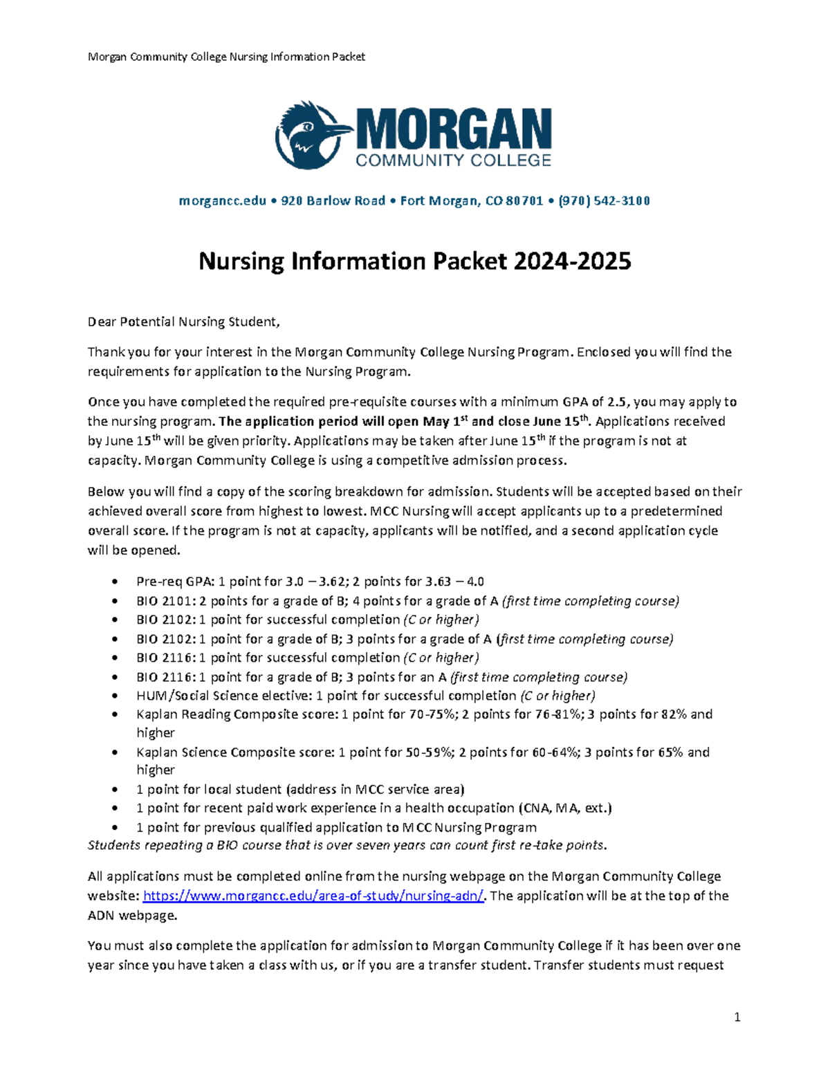 Morgan Community College Nursing Program Info Packet 2024-2025 - Studocu