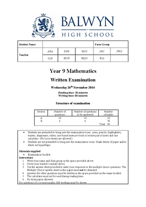 Year 9 Math - Grade: 9 - Secondary School - Studocu
