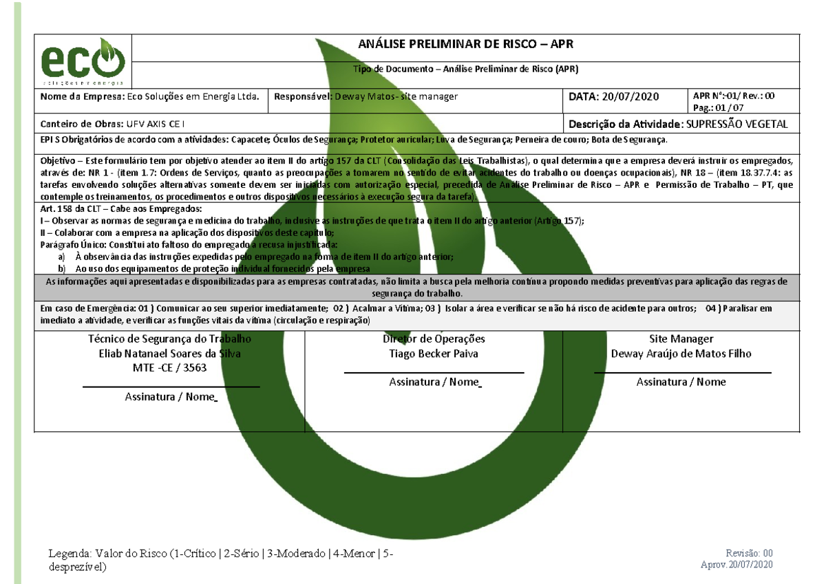 ANÁLISE PRELIMINAR DE RISCO APR - SUPRESSÃO VEGETAL - ECO SOLUÇÕES ...