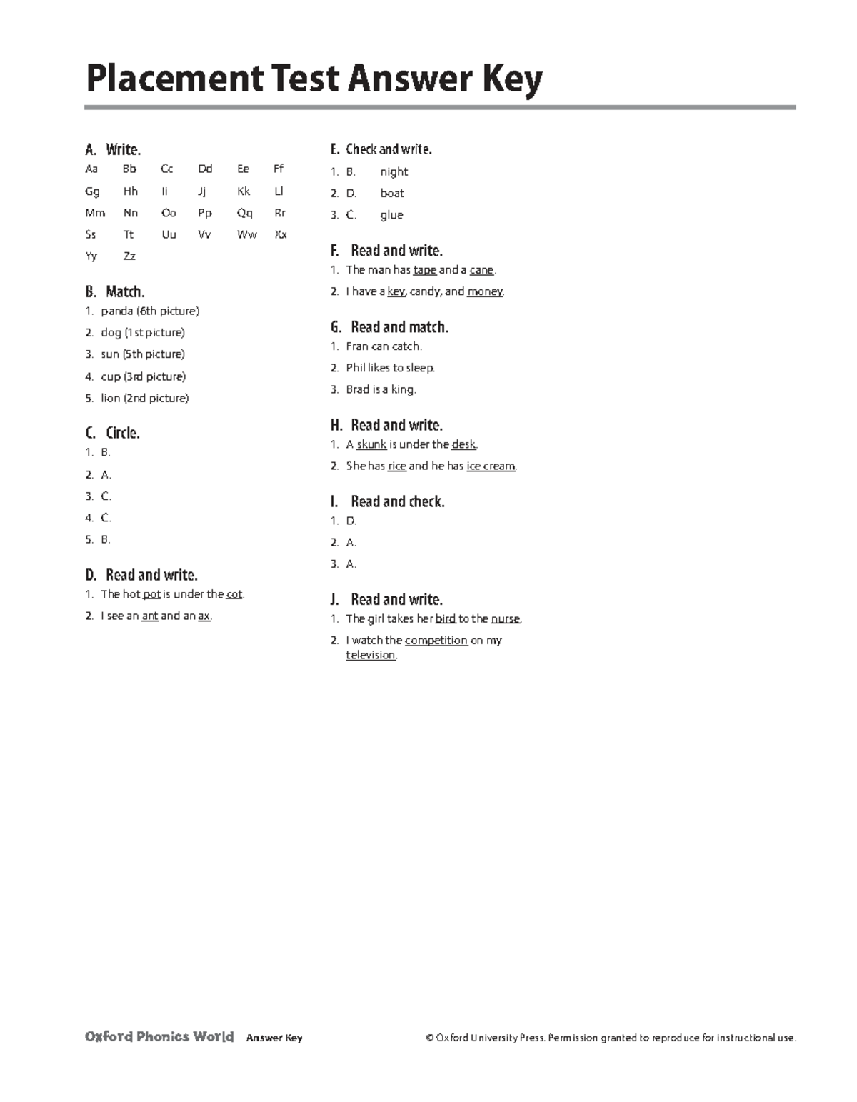 Answer Key AK - Placement Test Worksheets for Phonics World - Studeersnel
