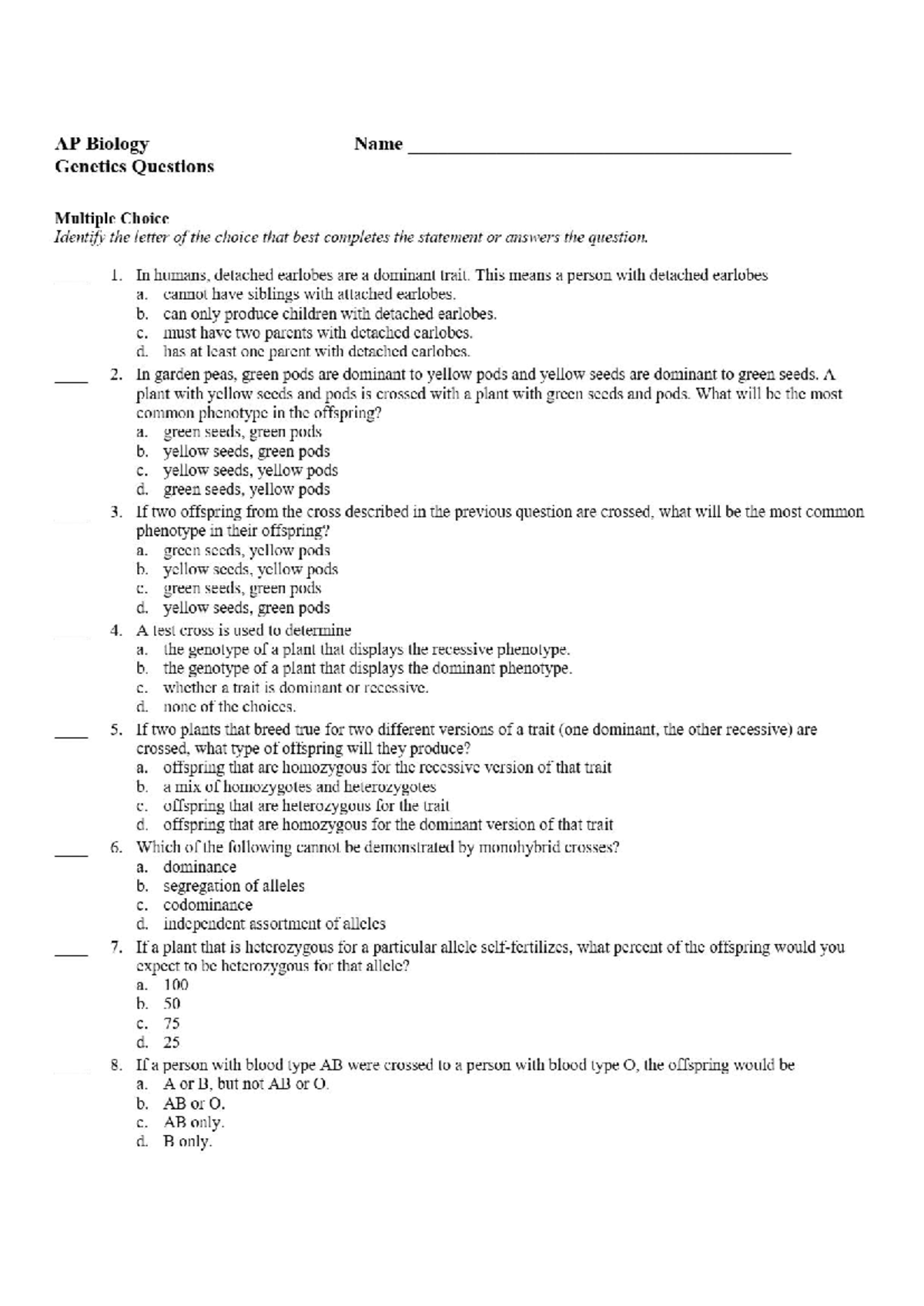 AP Biology (AP生物学) Genetics Practice Questions - Studocu