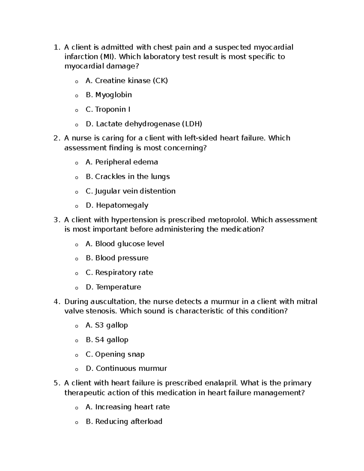 Med Surg 2 Cardiovascular Practice Questions with Answer Key - Studocu