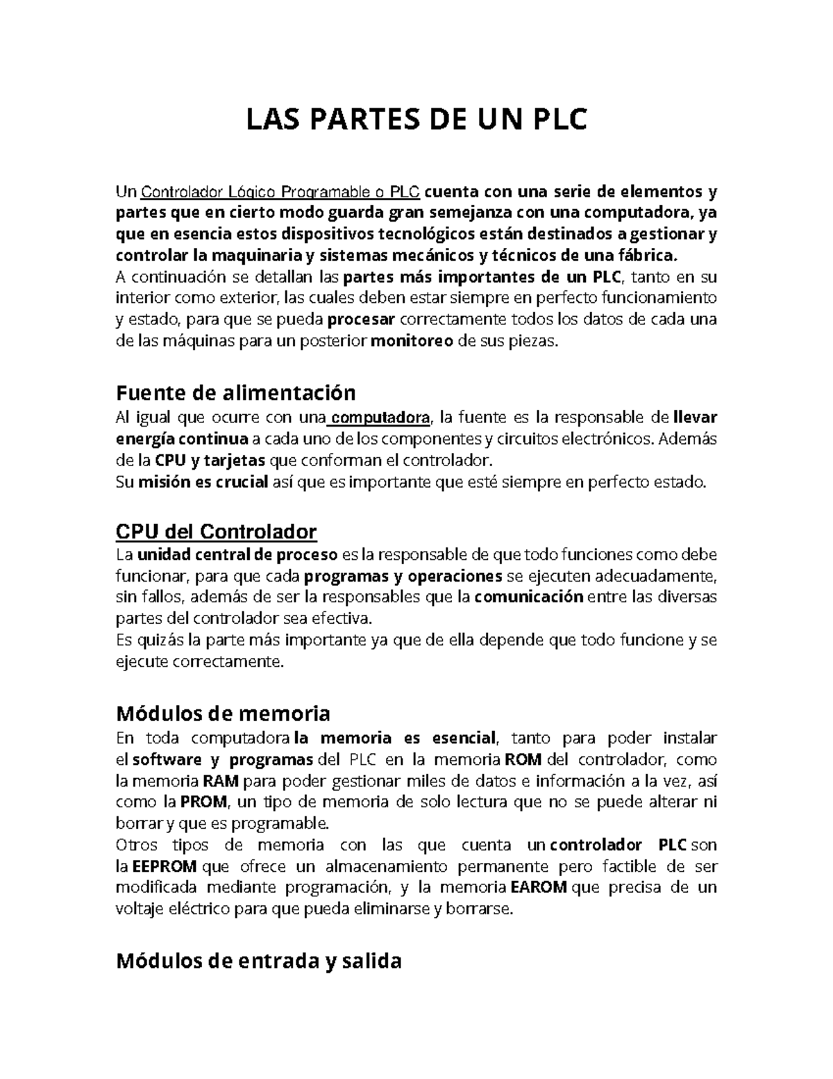 LAS Partes DE UN PLC - LAS PARTES DE UN PLC Un Controlador Lógico ...