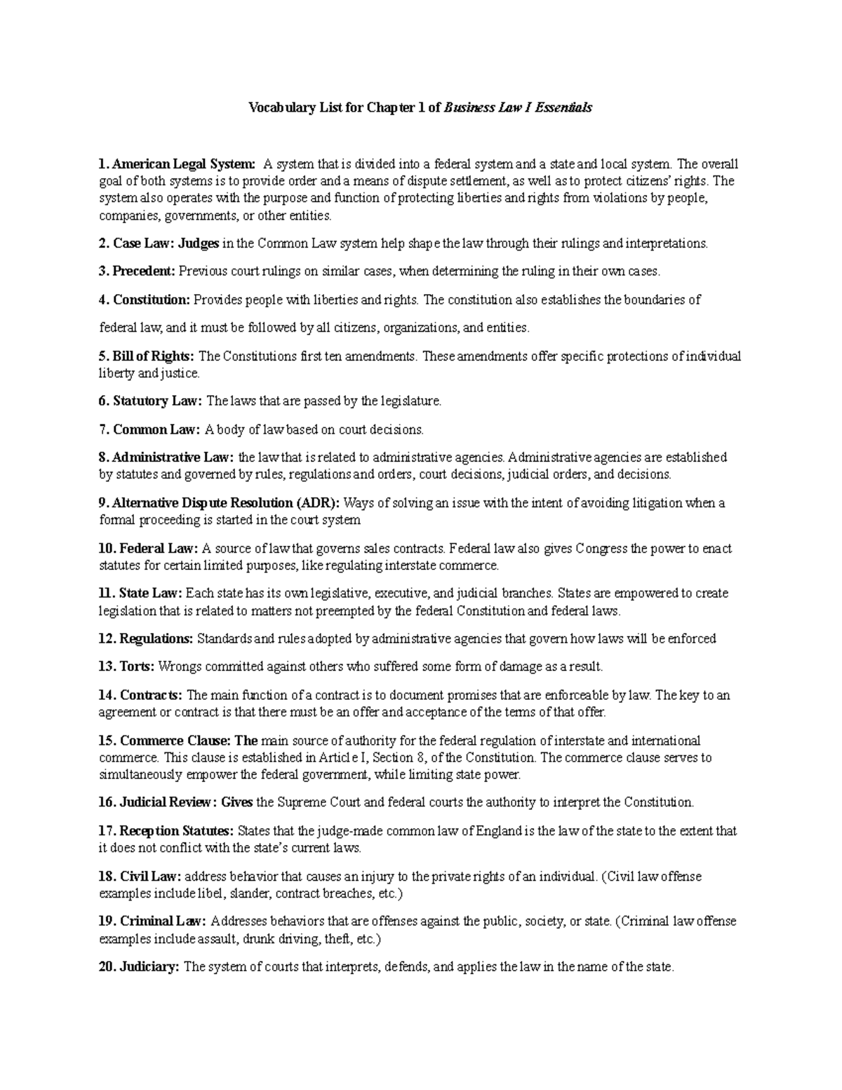 Business Law I Essentials: Chapter 1 Vocabulary List - Studocu