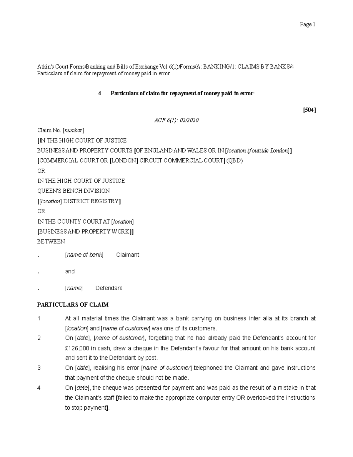 Particulars of Claim for Repayment of Money Paid in Error - ACF 6(1 ...
