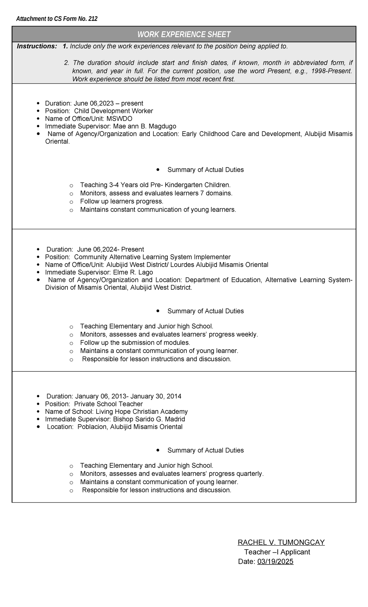 CS Form No. 212 Attachment - Work Experience Sheet - RACHEL V ...
