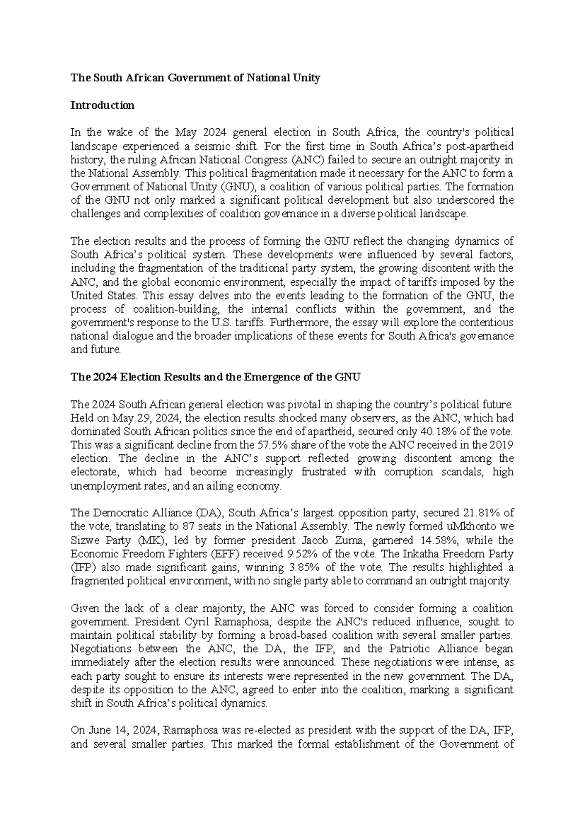 Formation and Challenges of the South African GNU: 2024 Elections ...