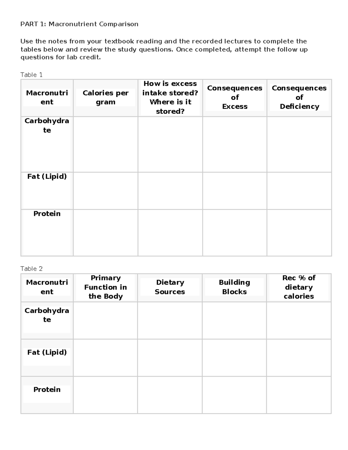 Macronutrient Comparison & Lab Questions - Health 101 - Studocu