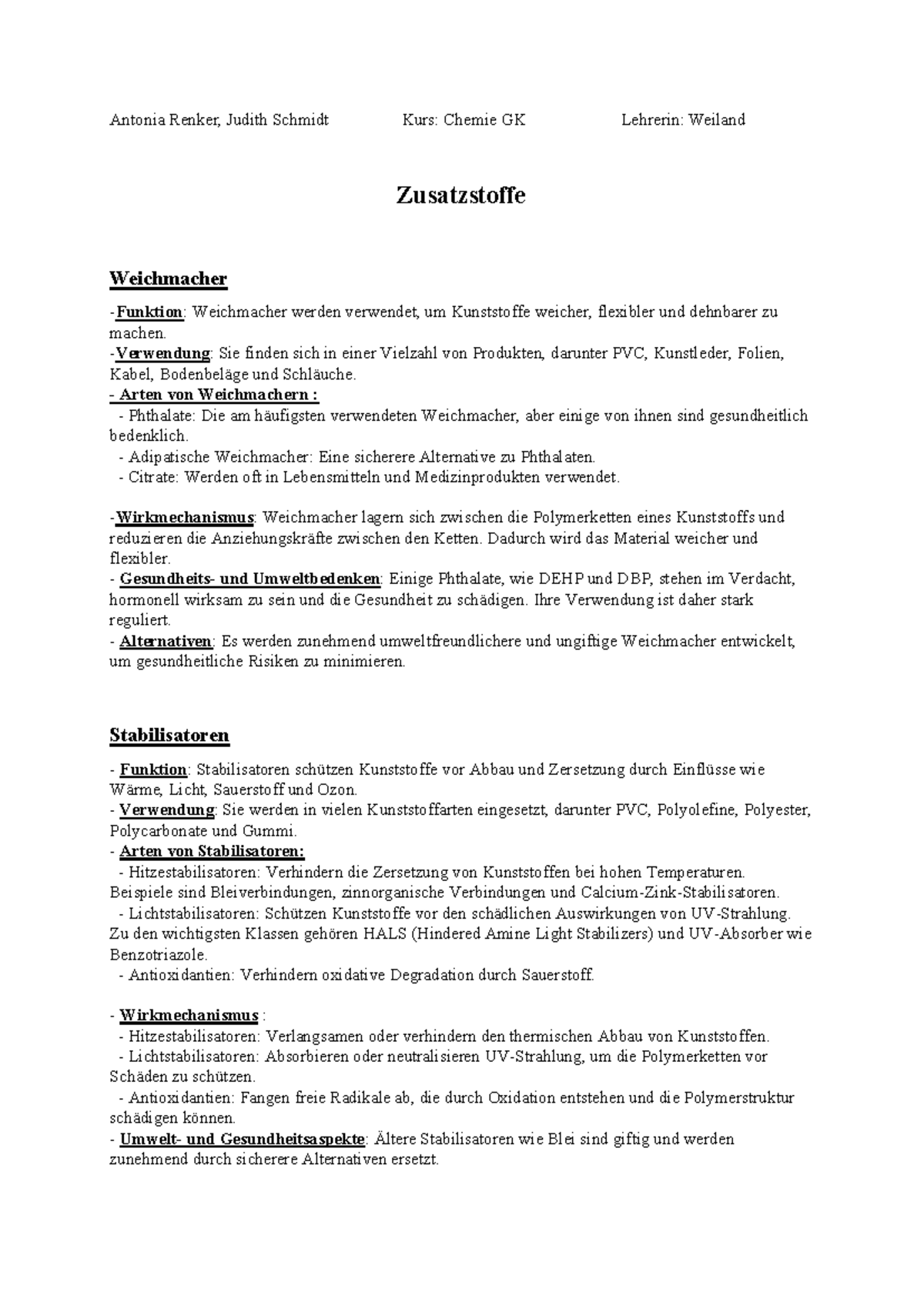 Handout Zusatzstoffe - Antonia Renker, Judith Schmidt Kurs: Chemie GK ...
