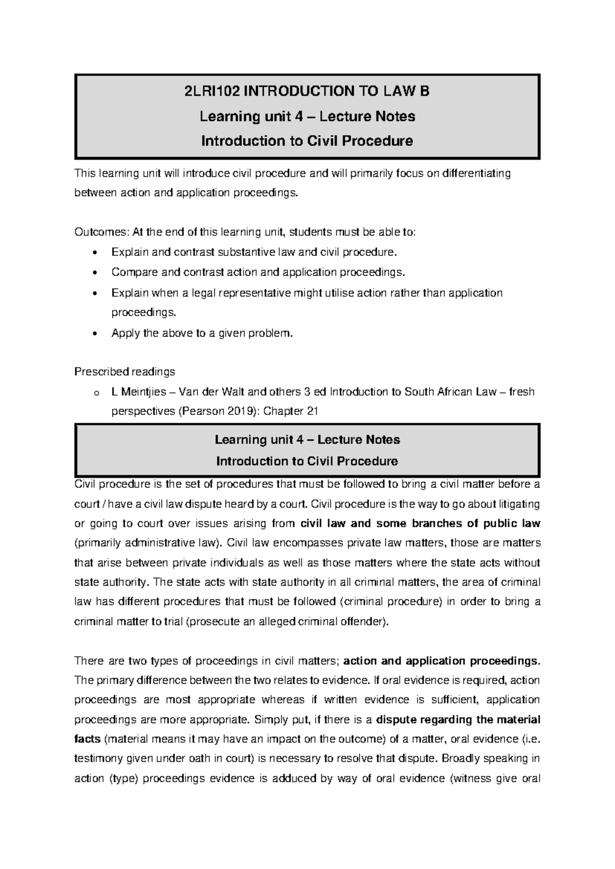 LU4 - Lecture Notes on Civil Procedure: Action vs. Application ...
