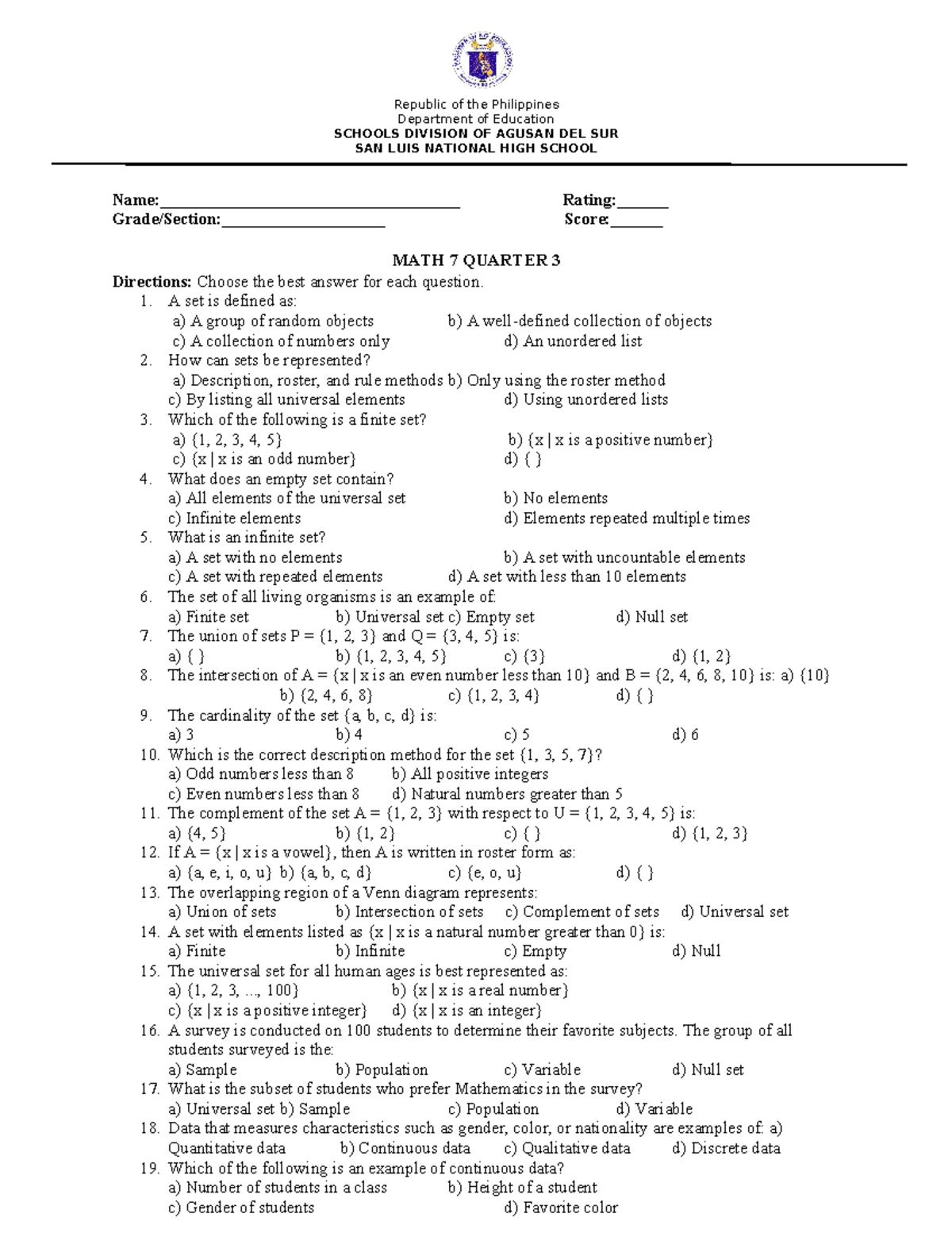 MATH 7 3rd Grading Exam: Set Theory & Data Representation - Studocu