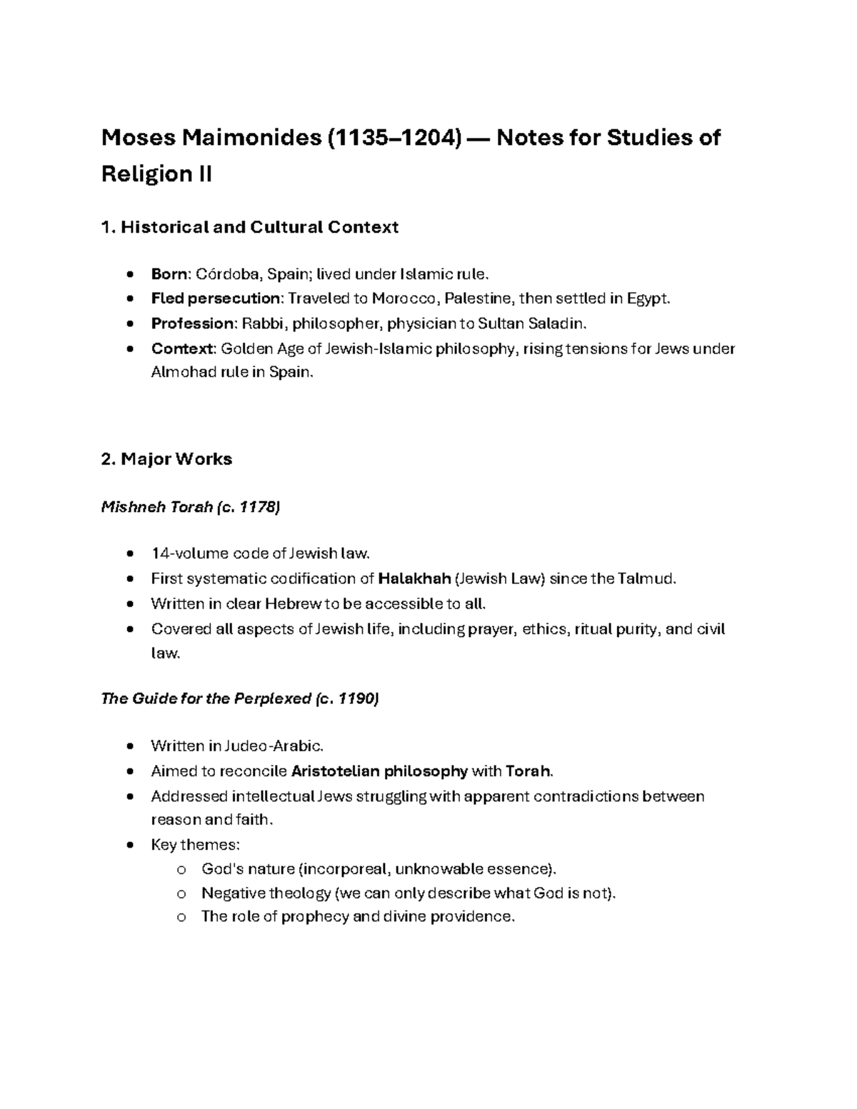 Studies of religion 2 notes - Moses Marmonides - Moses Maimonides (1135 ...