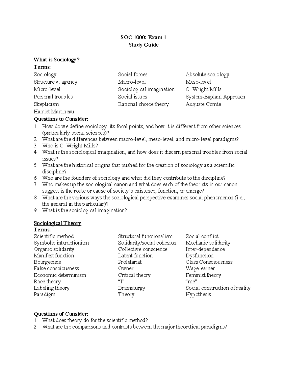 SOC 1000: Exam 1 Study Guide - Key Concepts & Theories in Sociology - Studocu