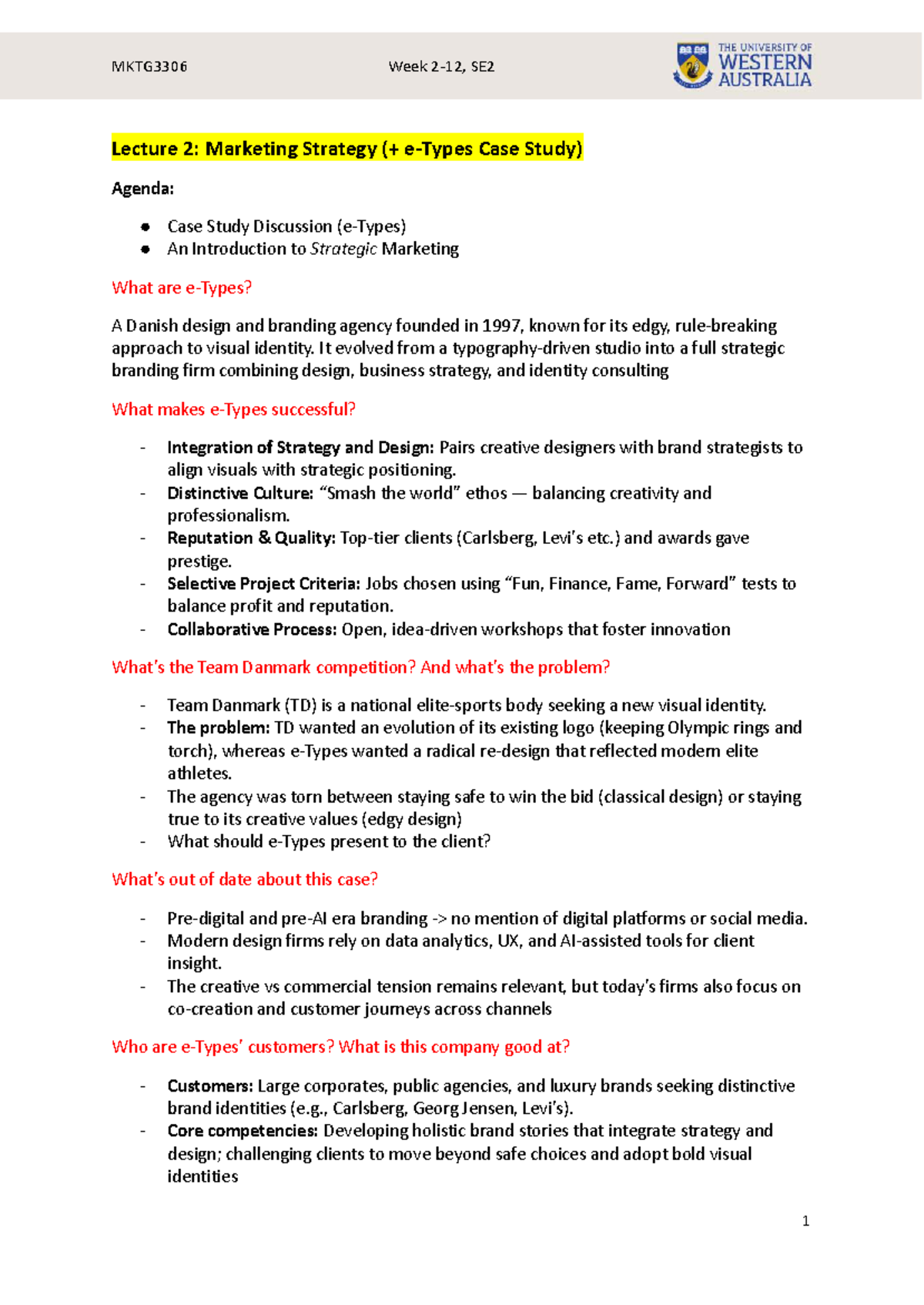 MKTG3306 Exam Guide: Week 1-12 Lecture Summaries on Marketing Strategy ...