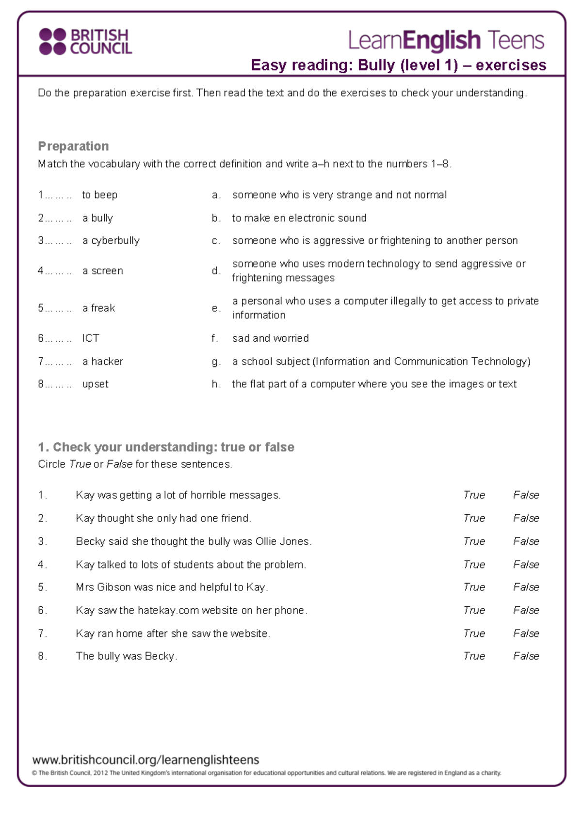 Bully A2 Level 1 Exercises: Vocabulary & Comprehension Check - Studocu