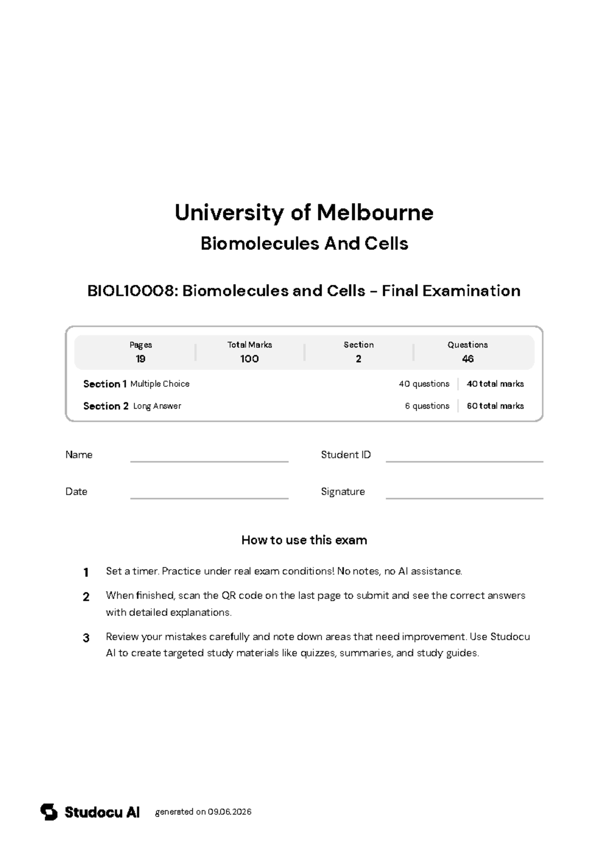 BIOL10008: Biomolecules and Cells - Final Exam - Studocu