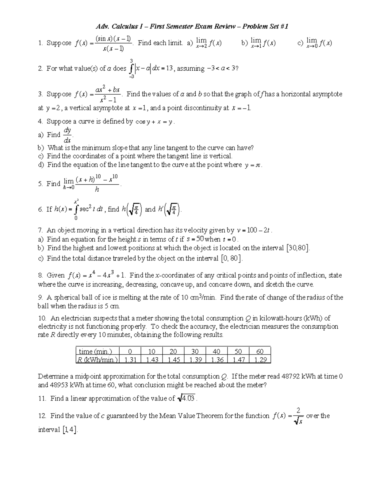 Adv. Calculus I 1st Sem. Exam Review Problem Set 2024 - Studocu